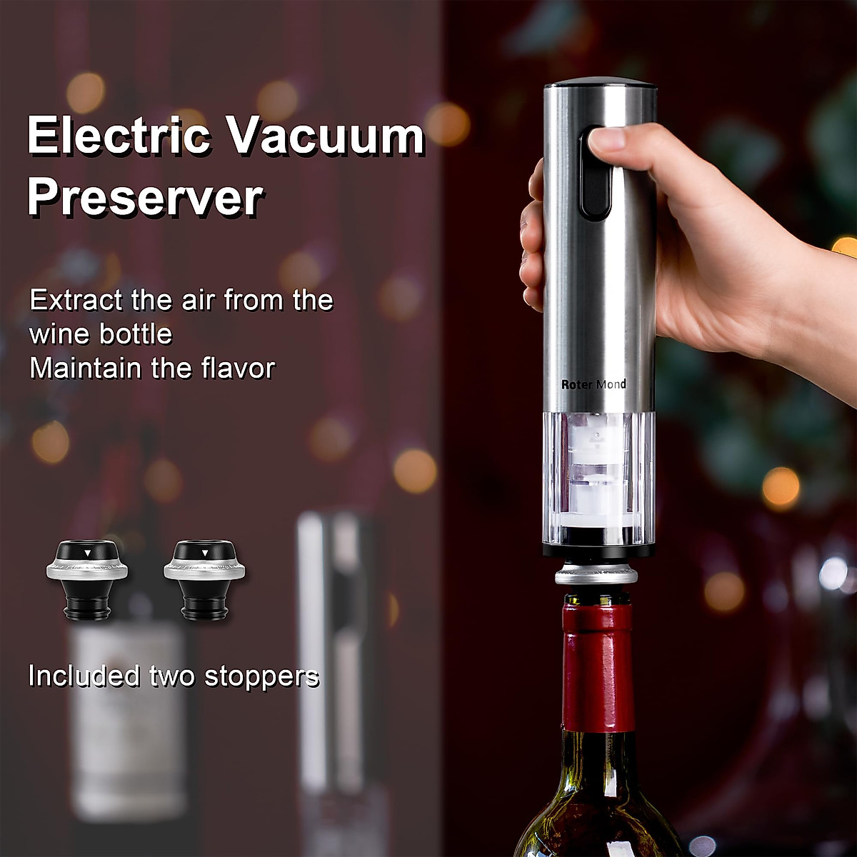 Electric Wine Opener Set, Roter Mond Automatic Wine Bottle Opener with Charging Base, 7-in-1 Wine Present with Wine Aerator Pourer Electric Vacuum Pump with 2 Stoppers Wine Foil Cutter for Home Party