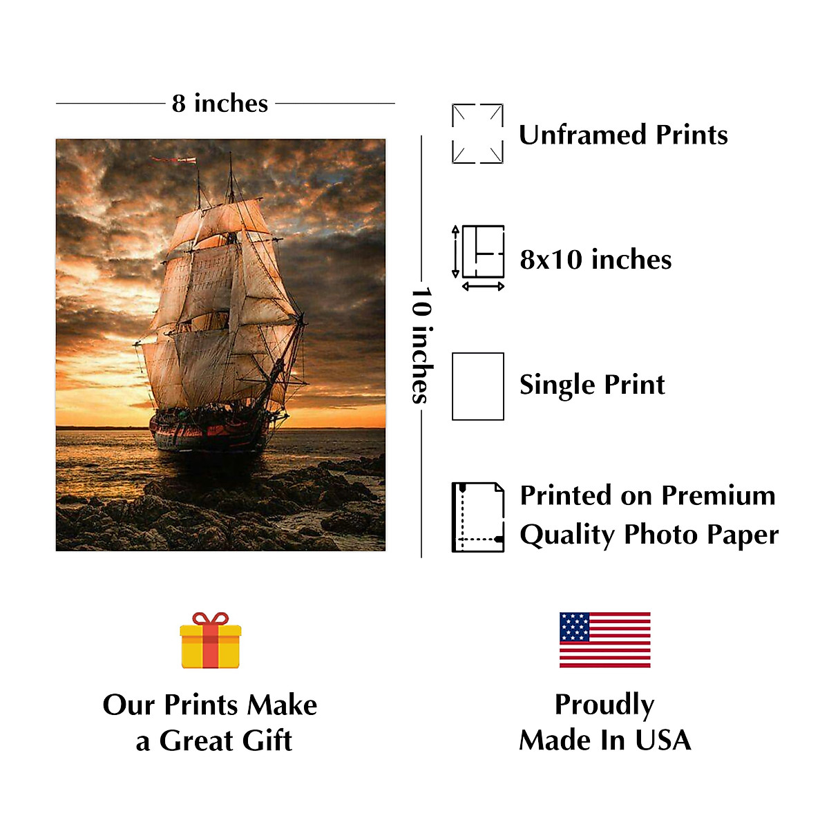Blackbeards Pearl Pirate Ship Home Decor - Wall Art Print Great Mens Gift- Home Decor- Office Decor. Great for Man Cave- Rec Room-Study. Beautiful Clipper Ship & Sailing Art. Unframed - 8 x10