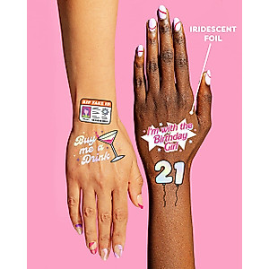 xo, Fetti 21st Birthday Party Decorations Temporary Tattoos - 48 pcs | Fun Bday Girl Party, Finally 21, RIP Fake ID, HBD, Disco Cowgirl Party, Twenty One Tiara