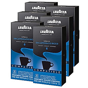 Lavazza Decaffeinato Ricco Espresso Dark Roast Capsules Compatible with Nespresso Original Machines Blended and roasted in Italy, Decaffeinated with sweet, Rich flavor, 10 Count (Pack of 6)