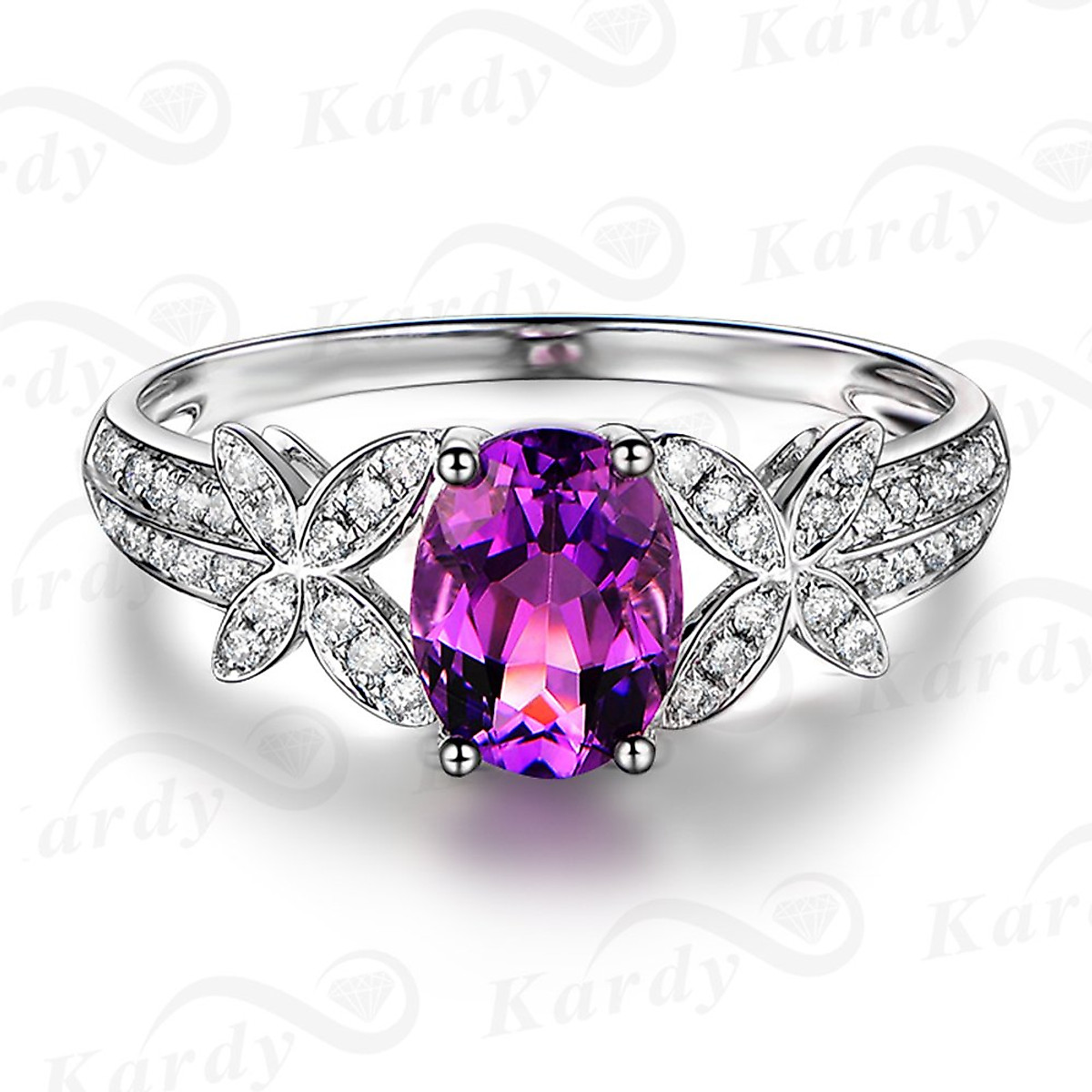 Unique Fashion 1.5ct Brazilian Amethyst Gemstone Real Diamond 14K White Gold Engagement Wedding Promise Ring for Women