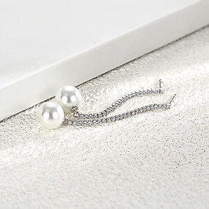 14K Gold Freshwater Cultured Pearl Dangle Earrings for Women,Long Chain Gold and Moissanite Drop Earrings,Fashion Jewelry Gift for Her (White Gold, 14K Gold)