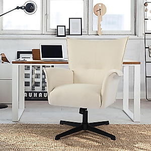 DAGONHIL Home Office Chair Desk Chair No Wheels Armchair Linen Fabric Swivel Chair High-Back Wide Seat Upholstered Accent Chair with Metal Legs Computer Chair, Beige