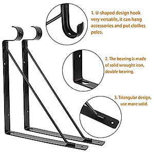 4 Pack Closet Shelf & Rod Brackets, Heavy Duty Closet Shelf Bracket with Rod Support, 11”x11”, 1-3/8” Dia Black Wall Mount Clothes Hanger Closet Pole Support Bracket for Shelf Storage and Closet Rod