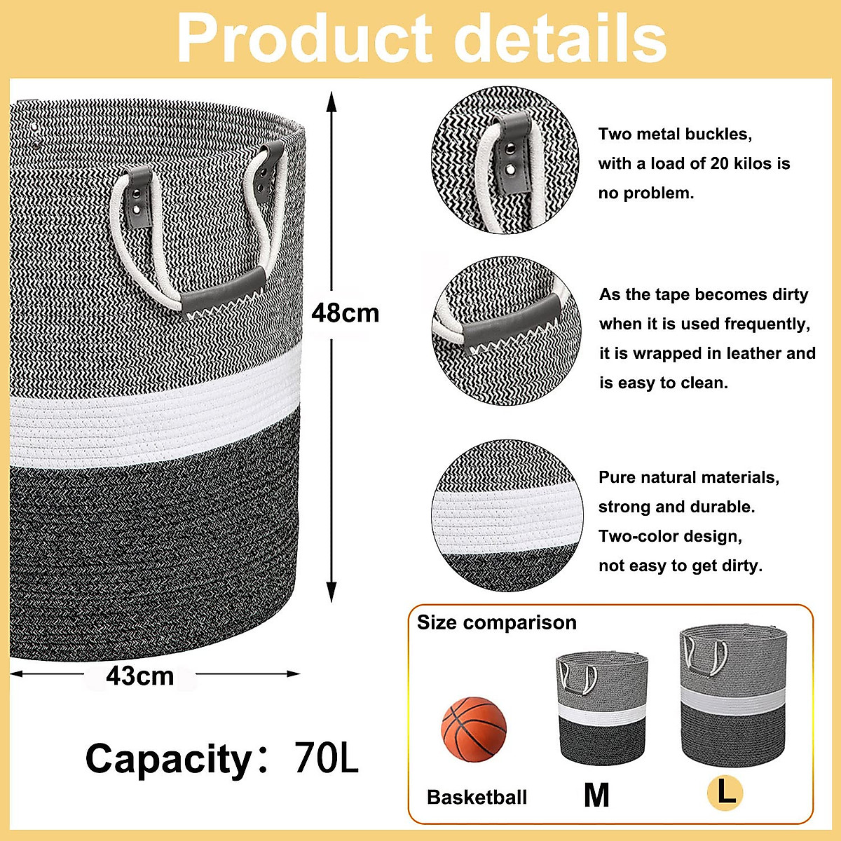 Large Cotton Rope Basket, Storage Basket, Woven Laundry Hamper, Toy Storage Bin, Nursery Storage Basket, Baby Bin Organizer, White & Black, 17x19 Inches