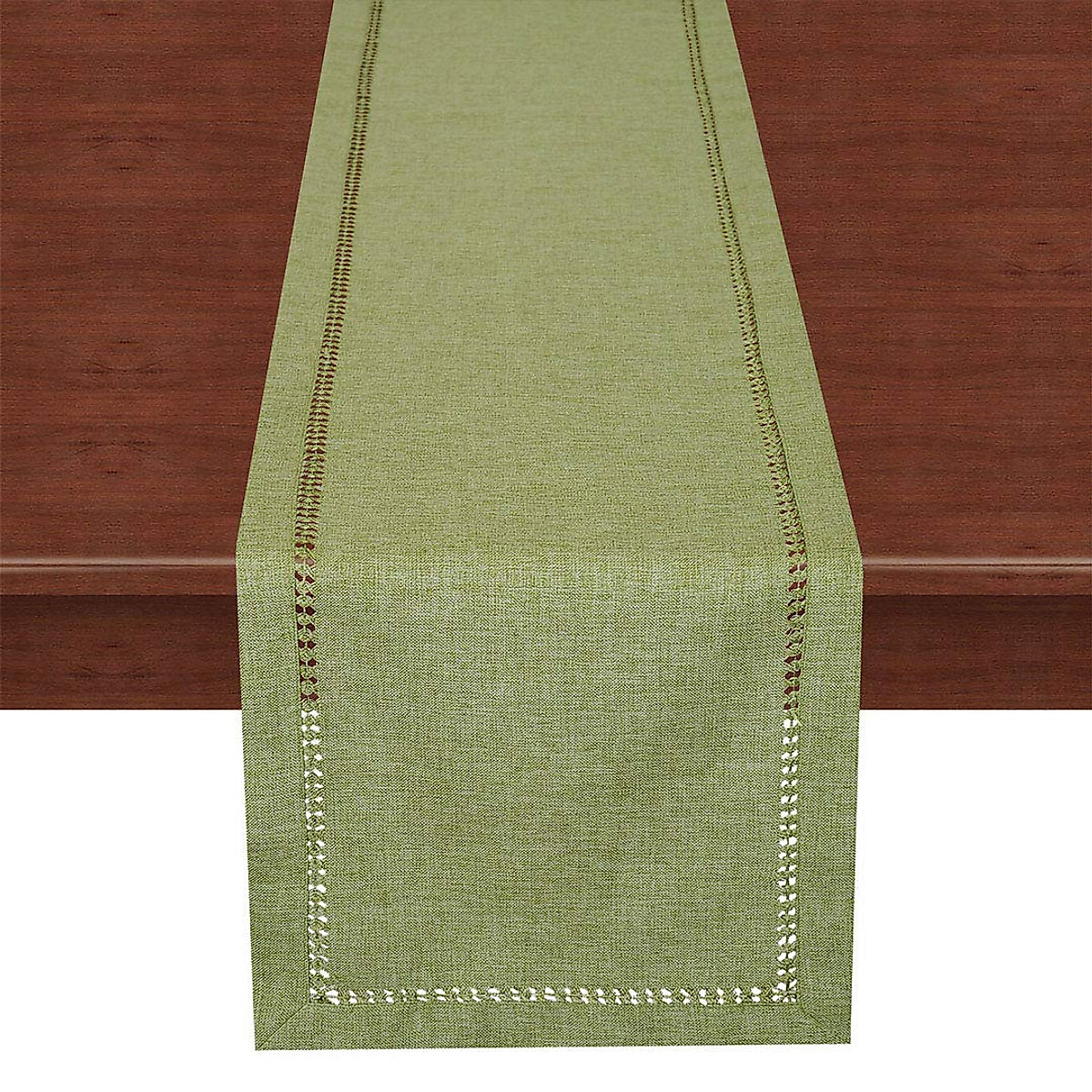 Grelucgo Small Handcrafted Solid Color Dining Table Runner, Dresser Scarf, Double-Hemstitched (Sage Green, 14 x 36)