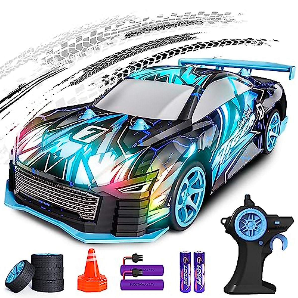 Tecnock Rc Drift Car for Kids, 2.4GHz 4WD Remote Control Car for Boys 8-12, 1/24 Rc Car with Lights and Replacement Tires, Toy Car Gifts for Boys Girls,Blue