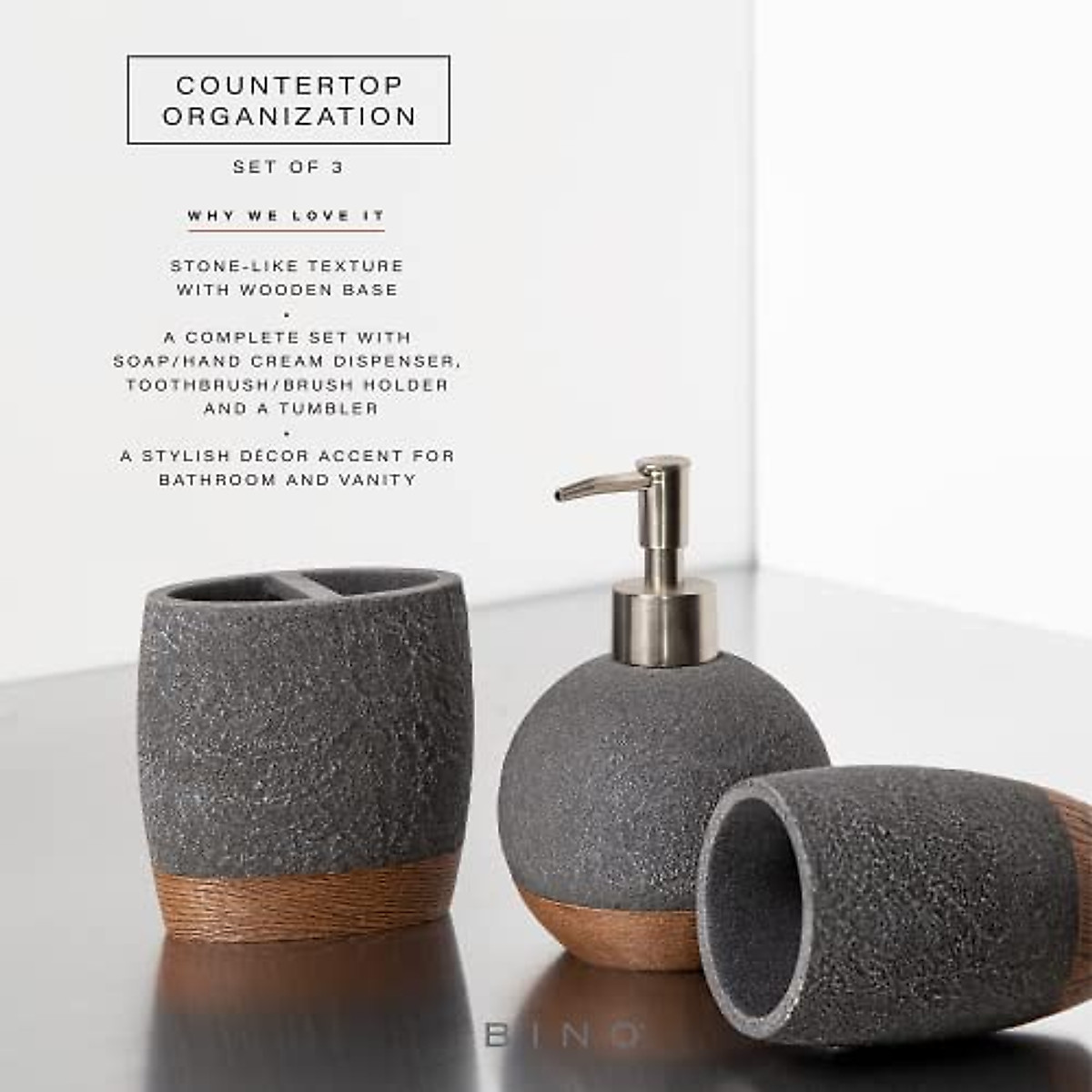 BINO Bathroom Accessories Set - Dark Grey | Soap Dispenser | Toothbrush Holder | Tumbler | 3-Piece Bathroom Organizer Countertop Set | Bathroom Decor | Home Decor | Bathroom Set