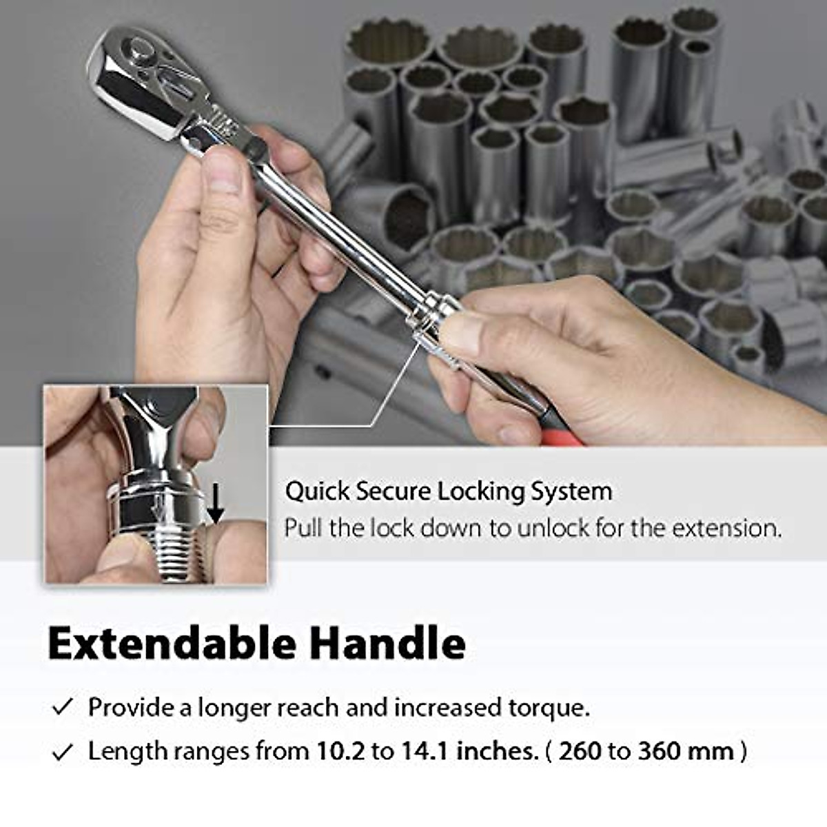 FIRSTINFO F3222NC 3/8-Inch Drive Locking & Flexible Extendable Ratchet Wrench Reversible, Soft-Grip with 72-Tooth Geared Action (Length: 10.2 to 14.1 inches)