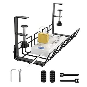 Under Desk Cable Management Tray, No Drill, 15.7'' Under Desk Cord Organizer with Clamp Cable Tray, Metal Under Desk Wire Management Wire Organizer Cord Management Tray for Desk, Classic Black