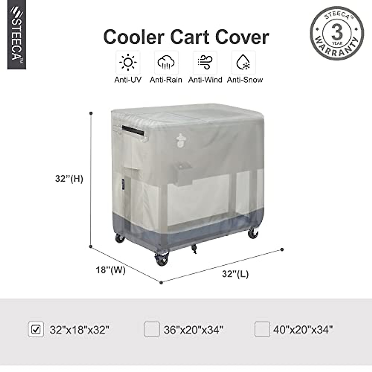 STEECA Waterproof Cooler Cart Cover Fits 65-80 Quqrt Patio Party Ice Chest Rolling Cooler, 32L x 18W x 32H inch