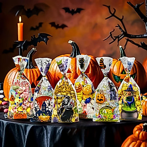 Halloween Treat Bags, Halloween Candy Bags, 54 PCS Halloween Cellophane Treat Bags, Plastic Halloween Cookies Goodie Gift Bags with Ties for Halloween Trick or Treat Party Favors Supplies - 6 Style