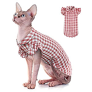 Yagamii Cotton Cat Clothes White and Red Plaid Cat Shirt with Cute Sleeves Dog Pet Apparel Kitten T-Shirt Breathable Pet Clothes Outfit Cat Costume for Kitty Small Dogs Puppy