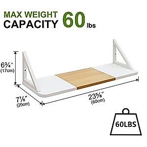 TEAMIX Set of 2 White Floating Shelves 23.6 inch, Wood Wall Mounted Book Shelf Hanging Shelf Organizer with Heavy-Duty Brackets for Living Room, Bathroom, Kitchen, Bedroom (White+Maple)