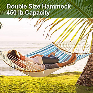 Double Hammock Swing Quilted Fabric, Ohuhu 2 Person 11 FT Portable Hammocks with Folding Bamboo Spreader Bar & Pillow, Large Hammock Bed for Indoor Outdoor, Tree Hammock for Yard Porch Garden Balcony