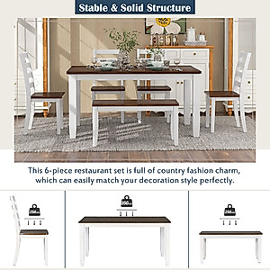 BIADNBZ 6-Piece Dining Table Set with 4 Upholstered Chairs & a Bench for Family,Walnut + Cottage White