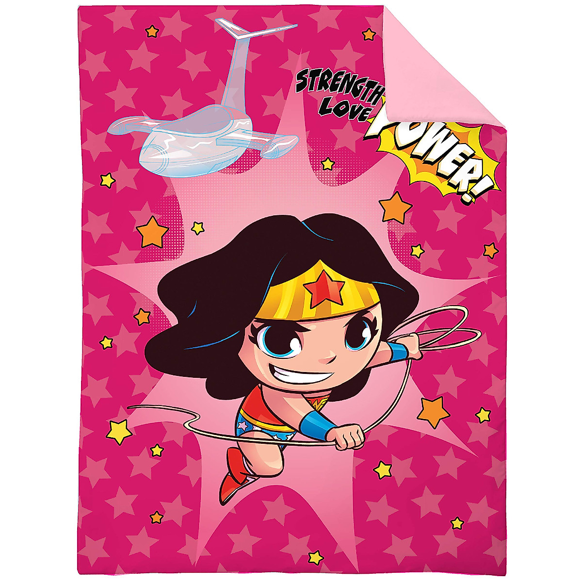 Wonder Woman Pink, Gold, Red & Blue 4Piece Toddler Bed Set - Comforter, Flat Top Sheet, Fitted Bottom Sheet, Reversible Standrd Size Pillowcase, Bright Pink, Light Pink, Gold, Red