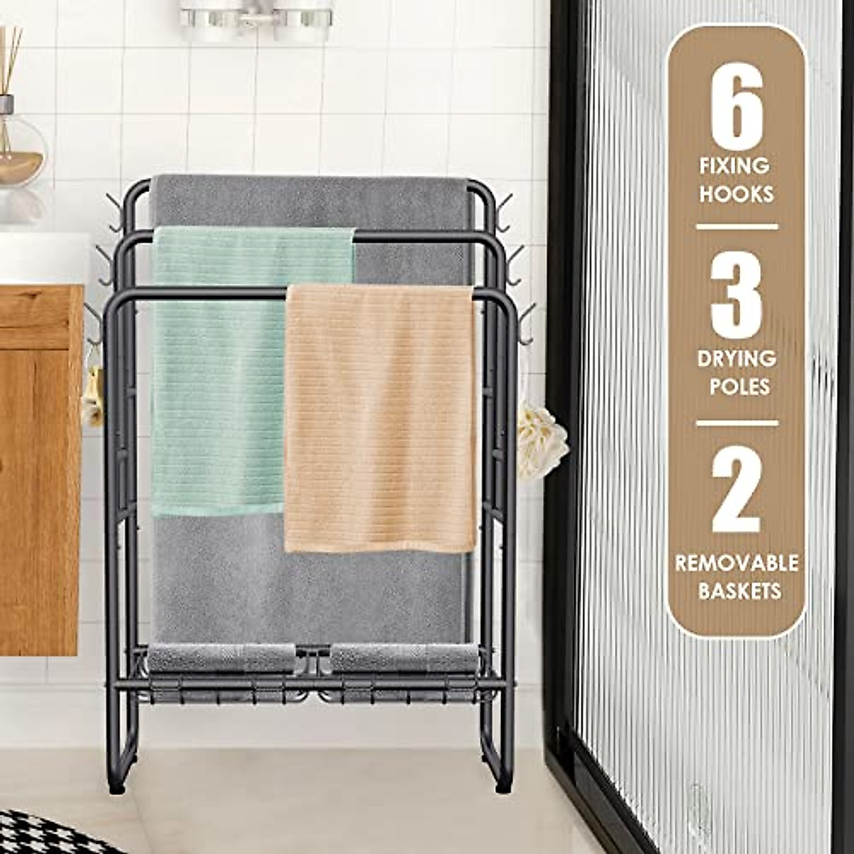 Kayfia 40" Tall Freestanding Towel Racks, 3 Tier Blanket Rack with 2 Removable Storage Baskets & 6 Hooks, Indoor Outdoor Floor Blanket Ladder Holder for Bedroom Bathroom Organizer (Metal Black)
