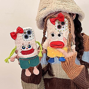 Tewwsdi Compatible for iPhone 14 Phone Case Cute,Kawaii 3D Doll DIY Hair Braids Camera Protector Plush Case,Winter Warm Furry Funny Case for iPhone 14 Women Girls(Green Braids)