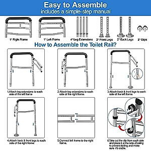 UGarden Stainless Steel Toilet Safety Rail, 350lbs Safety Frame for Toilet, Adjustable & Detachable Stand Alone Toilet Safety Rails, Toilet Frame for Elderly Adults - Fits Most Toilets