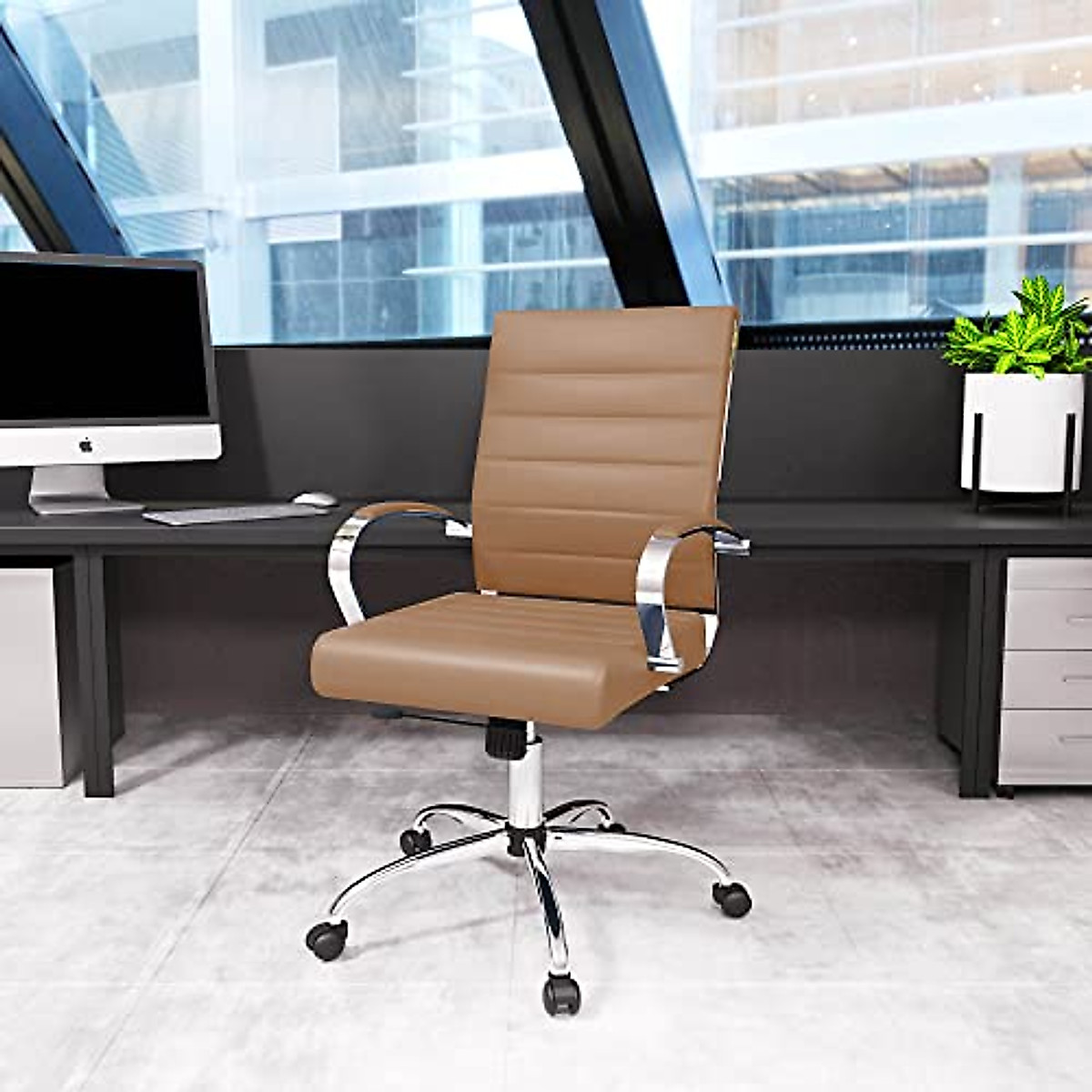 LeisureMod Benmar Modern Mid-Back Adjustable Swivel Leather Office Chair (Brown)