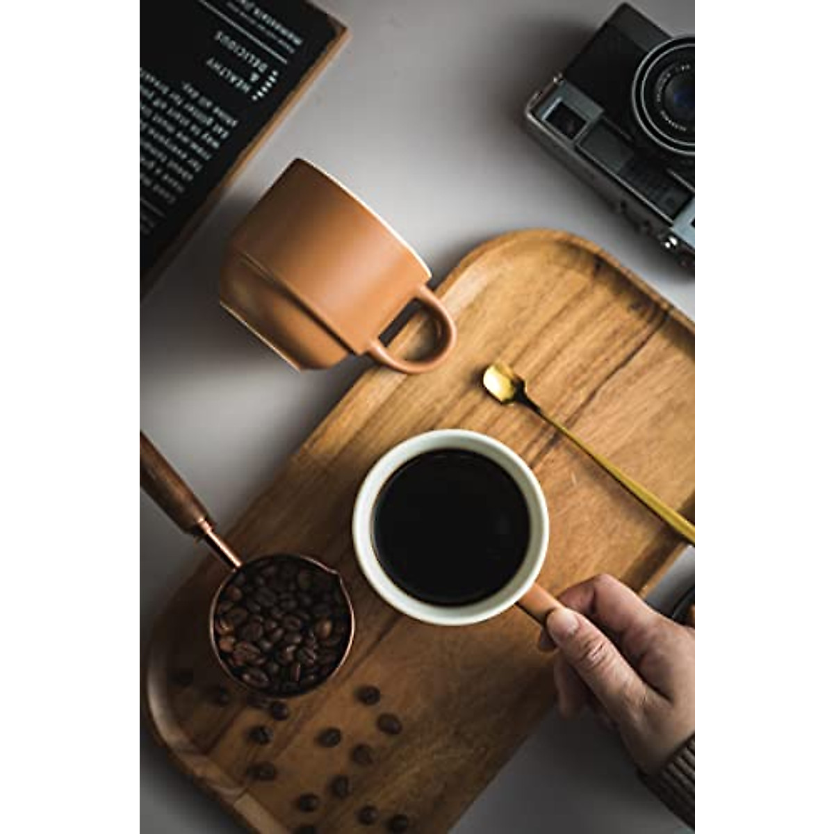 YHOSSEUN 11 Oz Coffee Mug Set Porcelain Stackable Mug with Stand and Metal Spoon - Tea Cups Demitasse Cups for Drinks, Espresso, Latte - Porcelain Stackable Coffee Mugs with Rack Set of 4, Brown