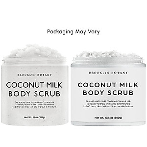 Brooklyn Botany Dead Sea Salt and Coconut Milk Body Scrub - Moisturizing and Exfoliating Body, Face, Hand, Foot Scrub - Fights Stretch Marks, Fine Lines, Wrinkles - Great Gifts for Women & Men - 10 oz
