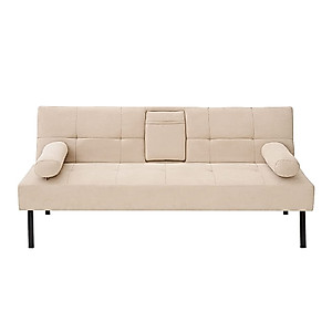 Panana Convertible Sofa Bed, Small Couch Sleeper Linen Upholstered Home Recliner Reclinening Daybed Guest Bed Couch for Living Room Apartment Dorm Bonus Room (with Drinks Holder, Beige)