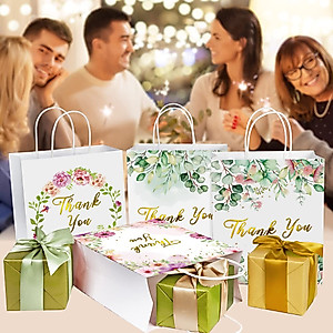 OurWarm 24 Pack Thank You Gift Bags Medium Size with Gold Foil, Floral Design White Paper Bags with Handles Bulk, Thank You Bags for Wedding Bridal Party Baby Shower Birthday Gift Bags, 8 X 4 X 10 IN