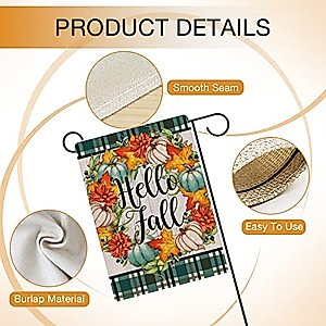 Hzppyz Hello Fall Home Decorative Garden Flag Pumpkins Maple Leaves Wreath, Welcome Autumn House Yard Blue Buffalo Plaid Decor, Farmhouse Outside Decoration Seasonal Harvest Outdoor Small Flag 12 x 18