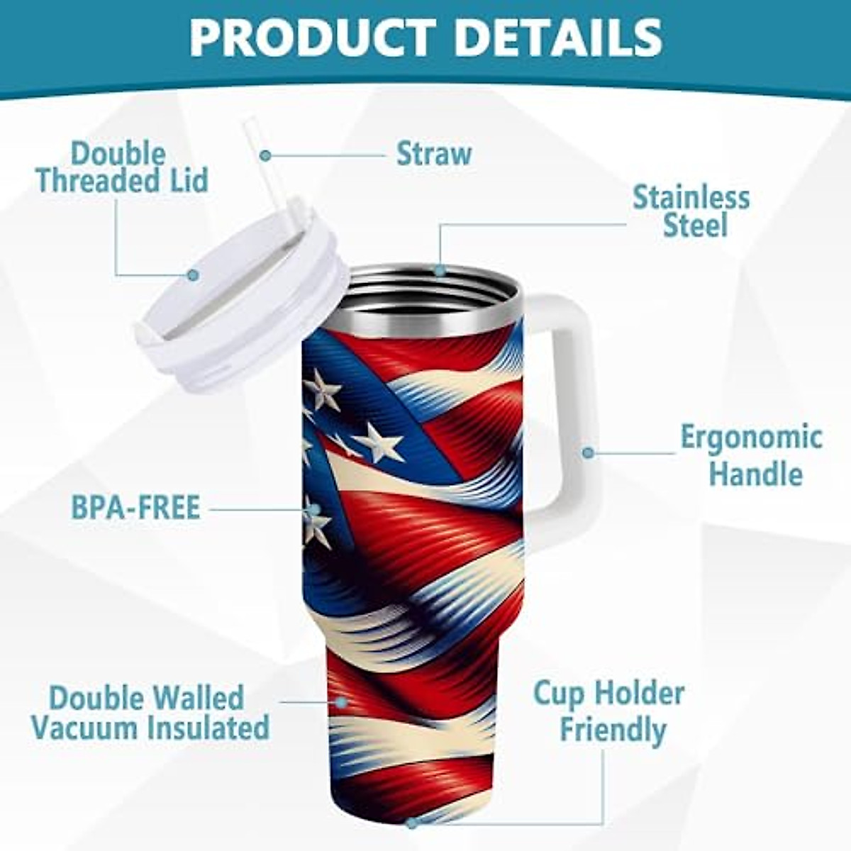 Maunzc 40 oz Tumbler with Handle and Straw, Insulated Stainless Steel Travel Mug with Lid for Coffee, Iced Tea, Water, Gift for Men Women (Stars and Stripes)