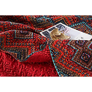 Yvooxny Quilt Set Queen Size Bedspread Bohemian Style Lightweight Cotton Quilted Coverlet Bedding Set for All Seasons, Boho Red Jacquard Pattern, 90 * 98 Inches