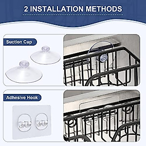 Sponge Holder for Kitchen Sink with Adhesive Hook & Suction Cups - 2 IN 1 Sink Caddy for Sponges, Dish Brush, Scrubbers, Soap - 304 Stainless Steel Kitchen Bathroom Organizer Accessories - Black