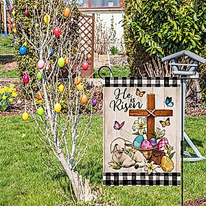 Hzppyz He is Risen Easter Cross Eggs Religious Garden Flag Double Sided, Faith Lily Lamb Butterfly Decorative Yard Outdoor Home Small Decor, Buffalo Plaid Check Burlap Outside House Decoration 12 x 18