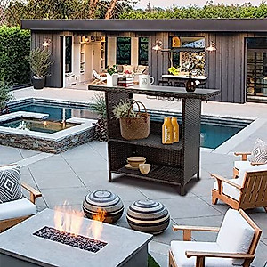 FOOWIN PE Wicker Bar Counter, 3 in 1 Glass Top Outdoor Patio Bar Table w/ 3 Steel Shelves, Rattan Bar Counter w/ 3 Sets of Rails, Gift Waterproof Cover and Dust Tablecloth for Garden Patio