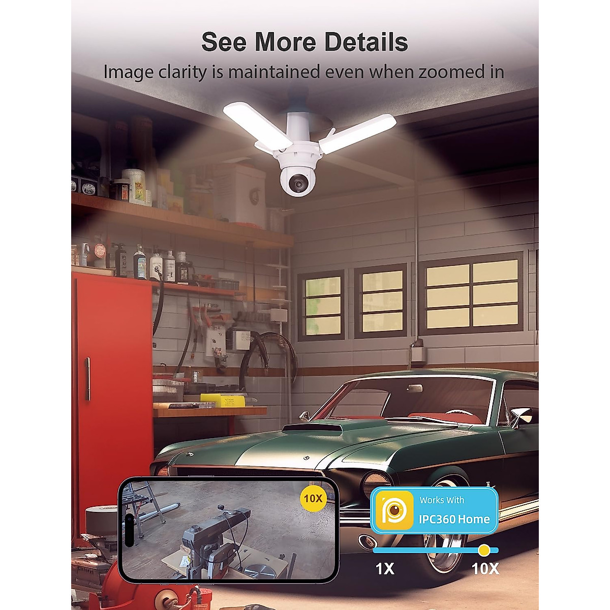 Rreslicam E26 Garage LED Light with Smart Security Camera, 30W 5000LM, Suitable for Garage, shed, Studio, Hallway, Laundry Room, etc. Timed Lighting, Motion-Activated Lighting, AI Monitoring