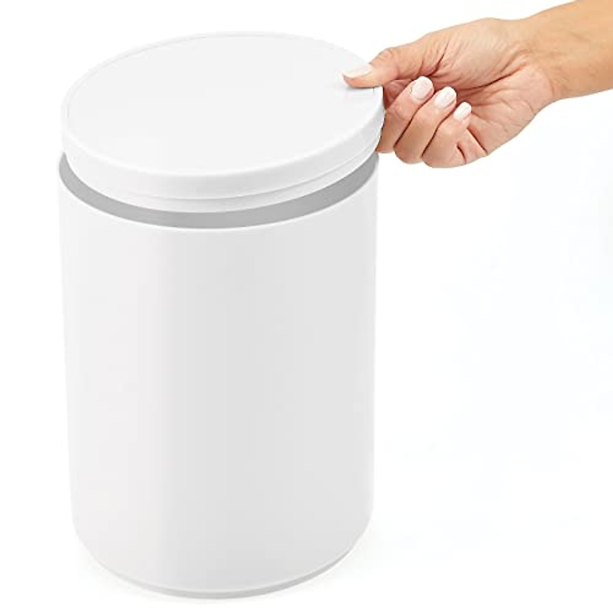 mDesign Plastic Small Slim Round 1.7 Gallon/6.5 Liter Trash Can with Removable Swing Lid - Wastebasket, Garbage Container Basket Bin for Master/Guest Bathroom - Holds Rubbish/Recycle - White