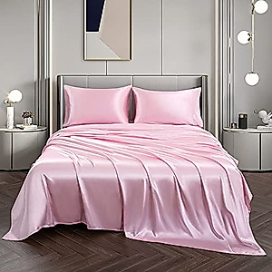 Vonty Satin Sheets Twin Silky Soft Satin Bed Sheets Pink Satin Sheet Set, 1 Deep Pocket Fitted Sheet + 1 Flat Sheet + 1 Pillowcases