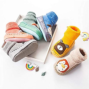 Infant Baby Boy Girls Toddlers Moccasins Non-Skid Indoor Slipper Shoes Socks Booties with Grips (12-18 Months, Grey Blue Green)
