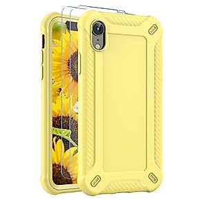 COOLQO Compatible for iPhone XR Case,[2 x Tempered Glass Screen Protector] [Non-Slip] [10 FT Military Grade Drop Protection] 360 Full Body Silicone Shockproof Protective Phone Cover, 6.1 inch, Yellow