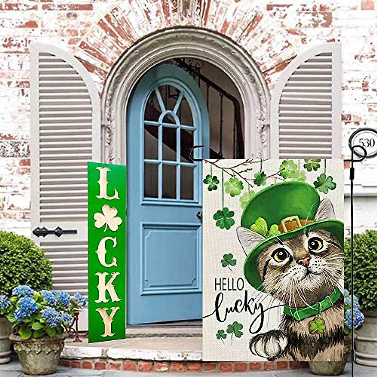 CROWNED BEAUTY St Patricks Day Cat Garden Flag 12x18 Inch Double Sided for Outside Small Hello Lucky Burlap Green Shamrocks Clovers Hat Yard Holiday Decoration