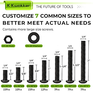 K Kwokker 1/4 20 Bolt and Nuts, 7 Sizes are 2", 1-1/2", 1-1/4", 1", 3/4", 5/8", 1/2", Button Head Hex Socket Cap Screws, Black, Full Machine UNC Thread, with Washers for Screws, 219Pcs Totally