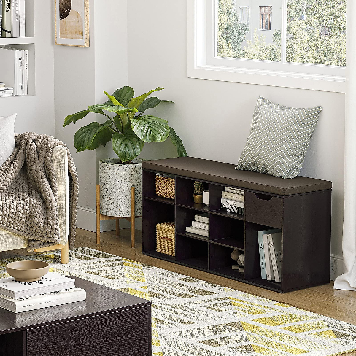 DINZI LVJ Shoe Bench, Entryway Storage Bench with Drawer and 11 Cubbies, Cubby Shoe Rack with Adjustable Shelves, Shoe Organizer Cabinet for Living Room, Bedroom, Mudroom, Closet and Garage, Espresso