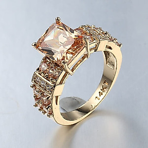 DCFSHEE Square Halo 14k Yellow Gold Plated Cubic Zirconia CZ Jewelry, Wedding Party Statement Cocktails Fashion Morganite Crystal Champagne Rings for Women Size 6-10 (US size 9)