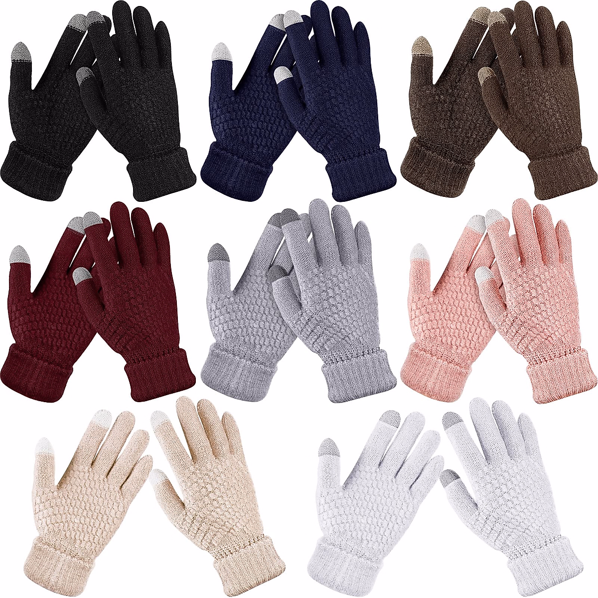 SATINIOR 8 Pairs Women Winter Gloves Warm Fleece Lining Knit Touchscreen Elastic Cuff Texting Gloves, Black, Gray, Pink, Beige, White, Navy, Burgundy, Coffee, 8.75 x 4 inches