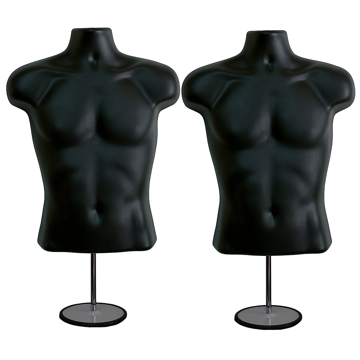 DisplayTown 2 Pack Black Male Mannequin Torso with Metal Stand Hollow Back Body Stackable Dress Form for Tshirt Display, Countertop, Craft Shows, Photos and Design, S-M Clothing Size