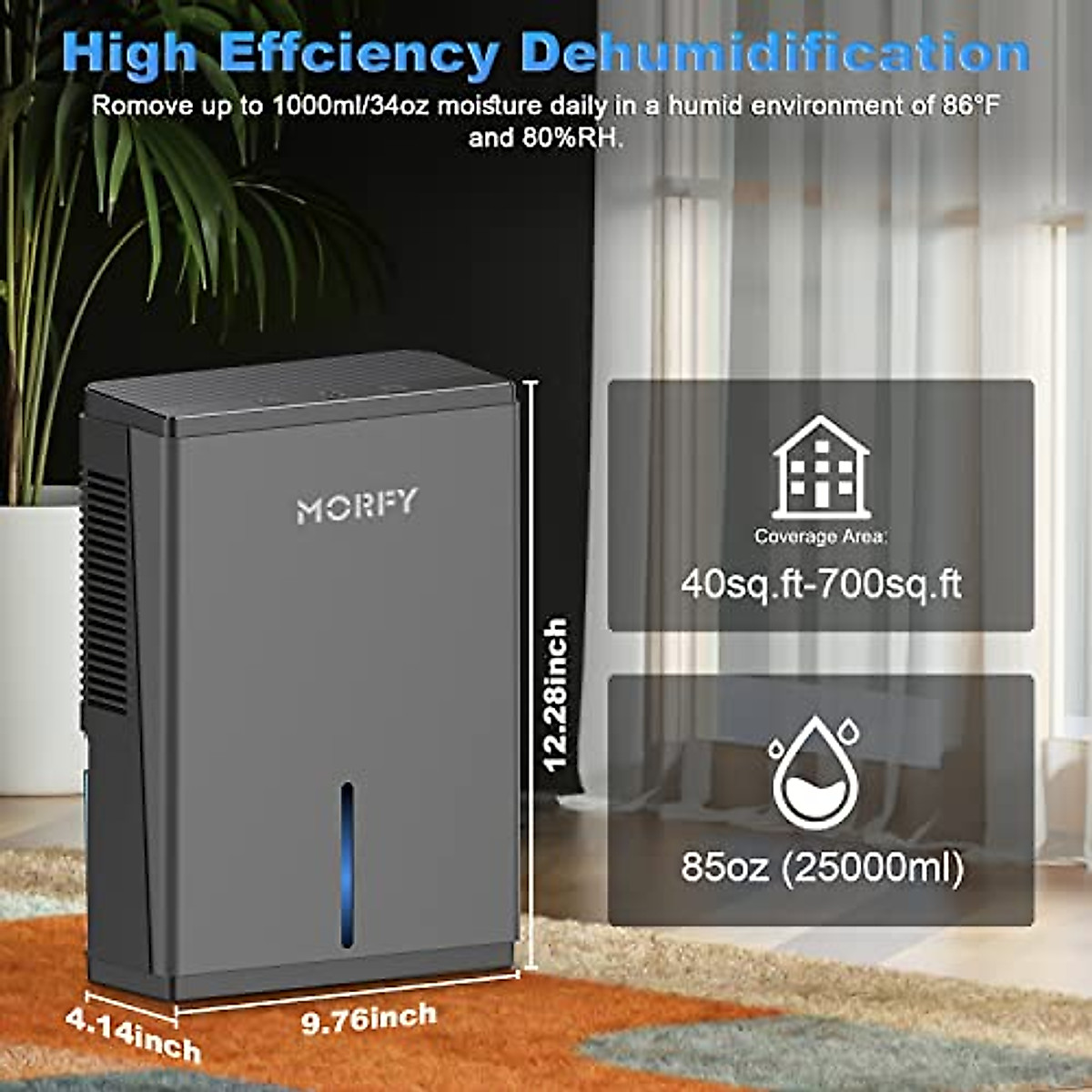 MORFY Portable Quiet Dehumidifiers for Home, 6800 Cubic Feet(700sq ft) 85 OZ Small with Drain Hose and Auto Shut Off for Bedroom Bathroom RV Laundry Room or Closet
