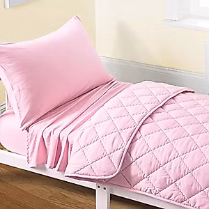 FLXXIE 4 Pieces Microfiber Toddler Bedding Set, Super Soft and Breathable Crib Sheet Set, Includes Quilted Comforter, Flat Top Sheet, Fitted Sheet, Envelope Pillow Case for Boys and Girls, Pink