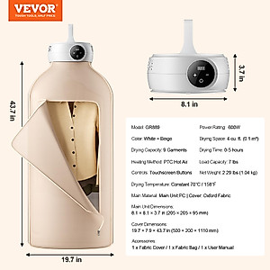 VEVOR Portable Clothes Dryer, Clothes Dryer with Dryer Bag, PTC Heating & LED Display, Foldable Mini Dryer with 5-H Timer for Apartments, Dorms, RVs, or Hotels, 600W, Beige