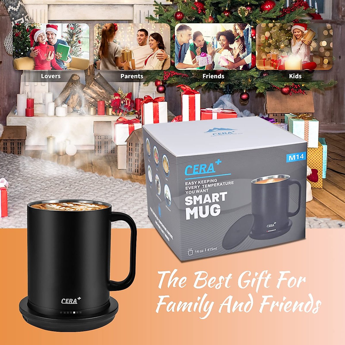 Temperature Control Smart Mug with Lid, 14oz, Self Heating, 1.5-hr Battery Life + Type-C Charging Coaster，APP or Manual Controlled, On/Off Time Preset by APP, Double Layers S.S, Gift-Packing